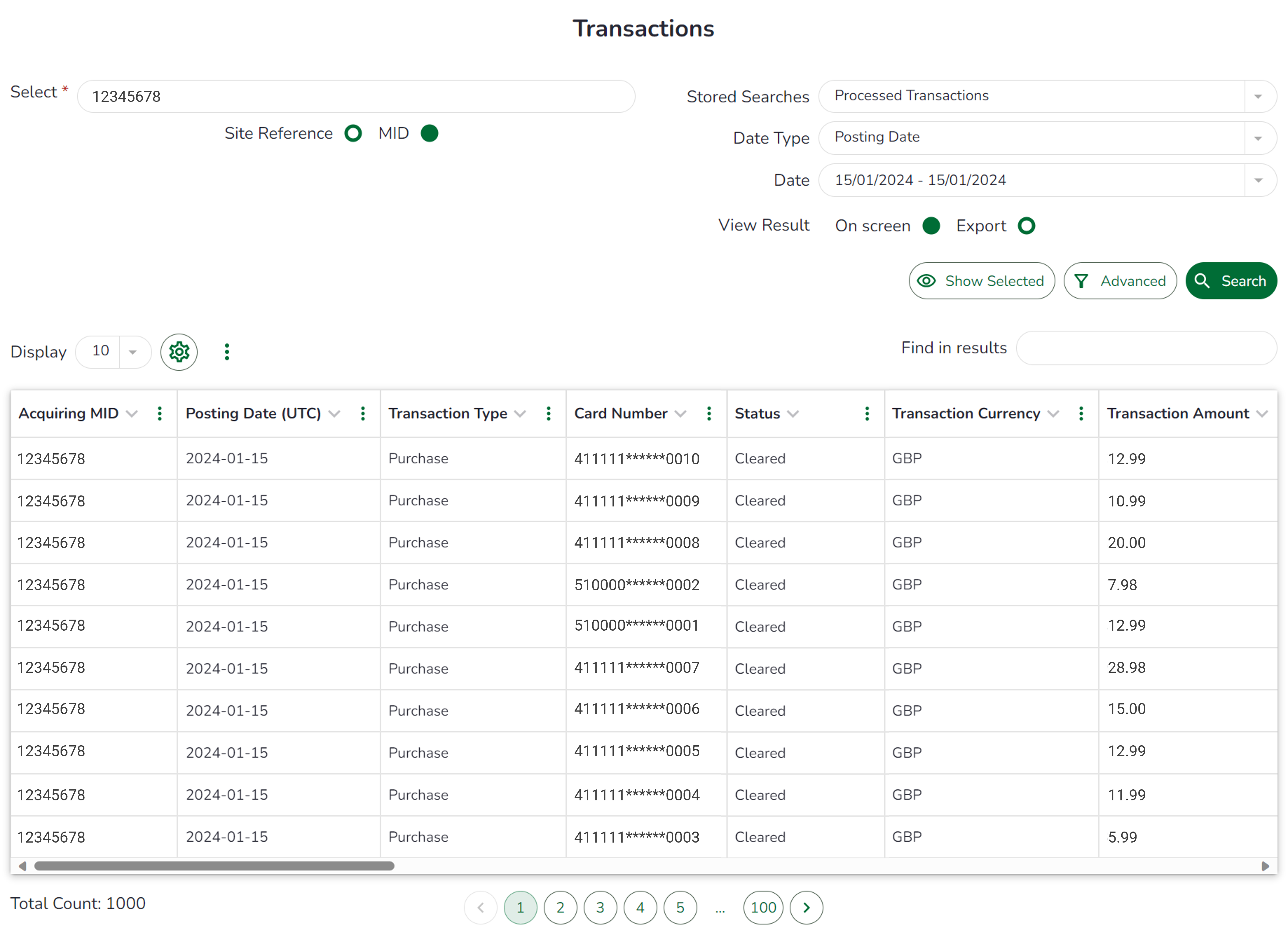 Processed Transactions search – Trust Payments